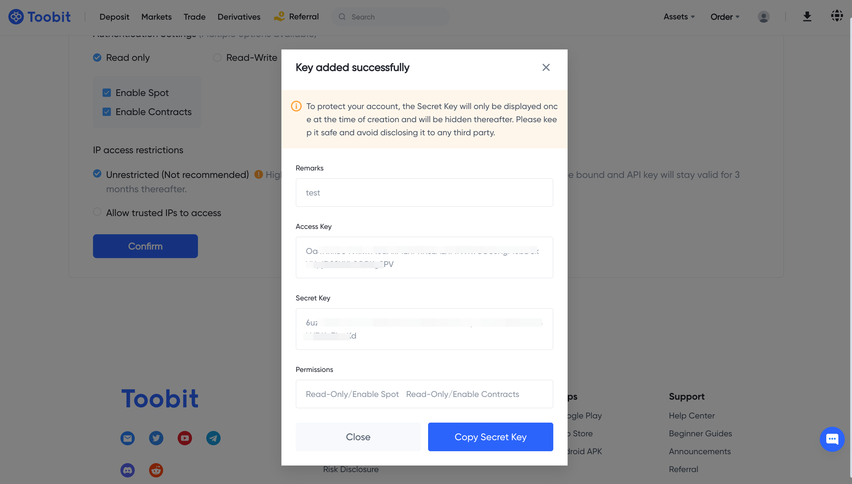 Как создать свой Api ключ Toobit
