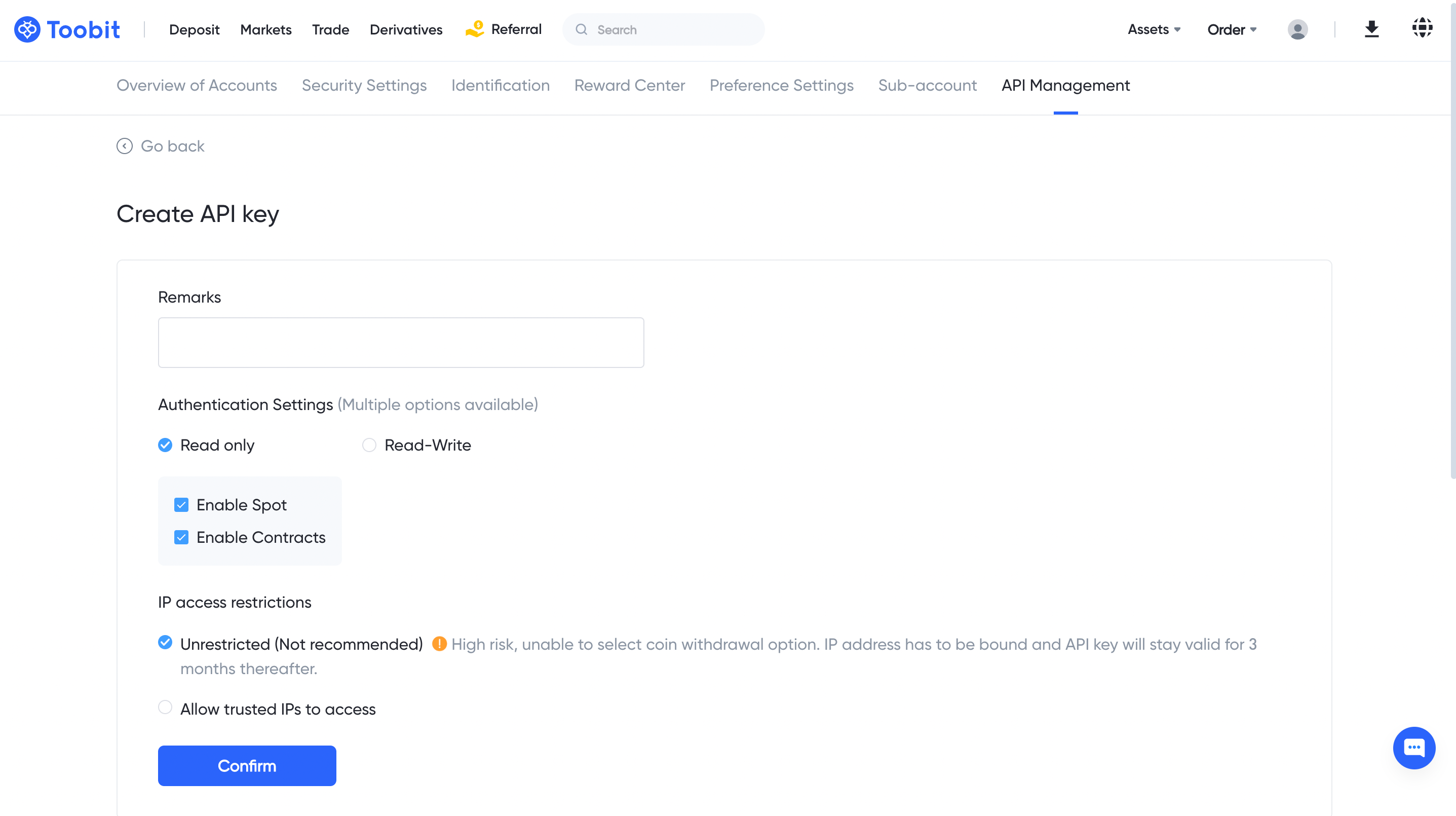 Как создать свой Api ключ Toobit